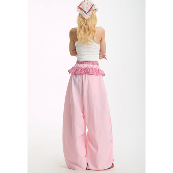 Retro Check Frilled Wide Pants - Pink – ManusMachina